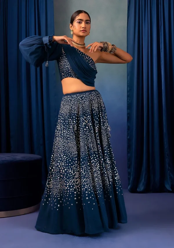 Teal Foil Print Diwali or Wedding Lehenga with One Shoulder Blouse and ...